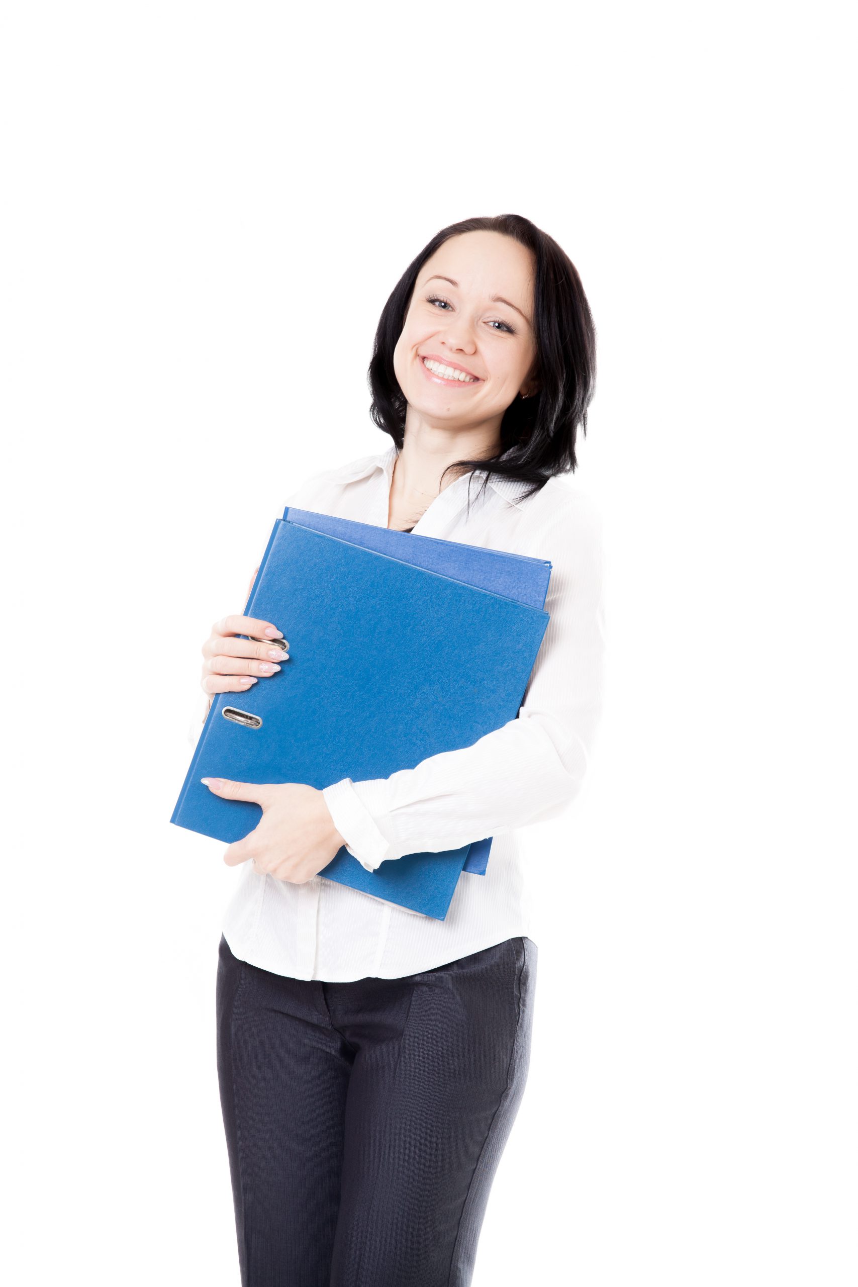 Young office woman with document folders on white background | Radical Lean Transformation
